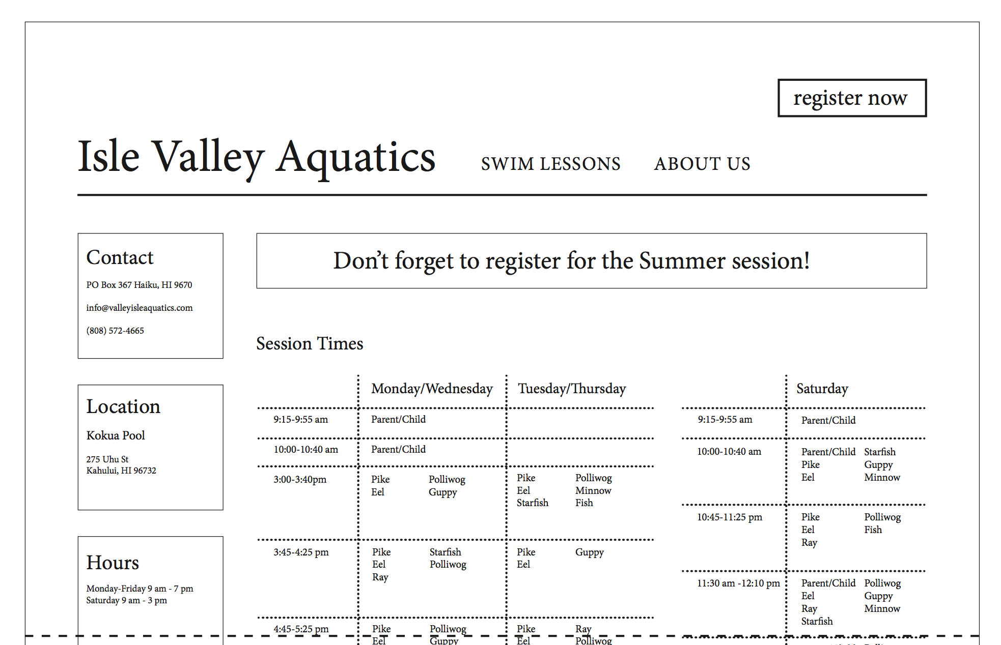 Wireframe of a schedule webpage, by Carrie Beyer.