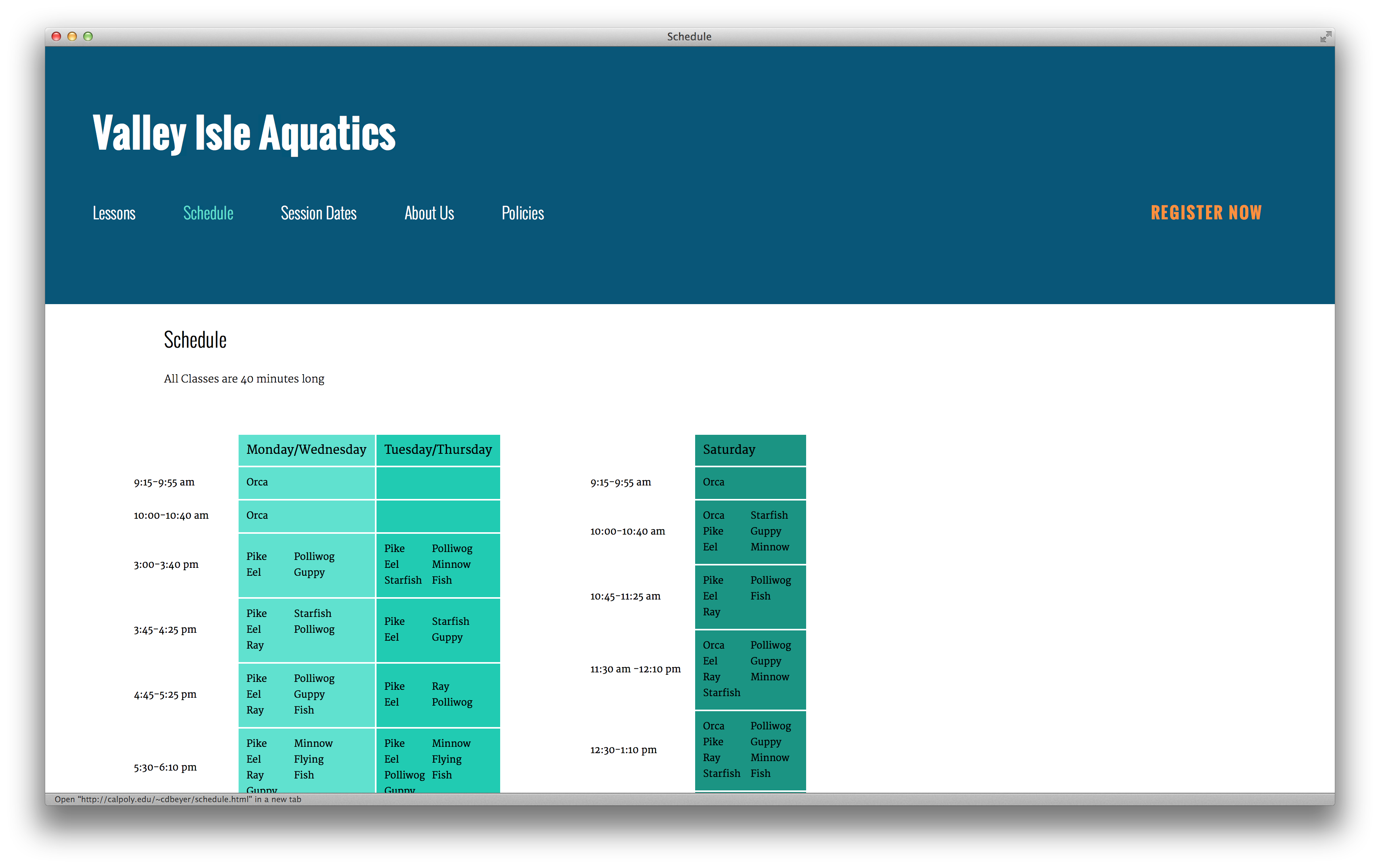 High fidelity prototype of a schedule webpage, by Carrie Beyer.